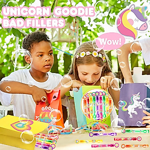 24PCS Unicorn Rainbow DIY Bubble Wands Party Favors 96PCS Stickers for Goodie Bag Fillers Pinata Stuffers Mini Bubble Bulk Smiley Birthday Party Supplies Toys Gifts Class Prizes Toddlers Girls