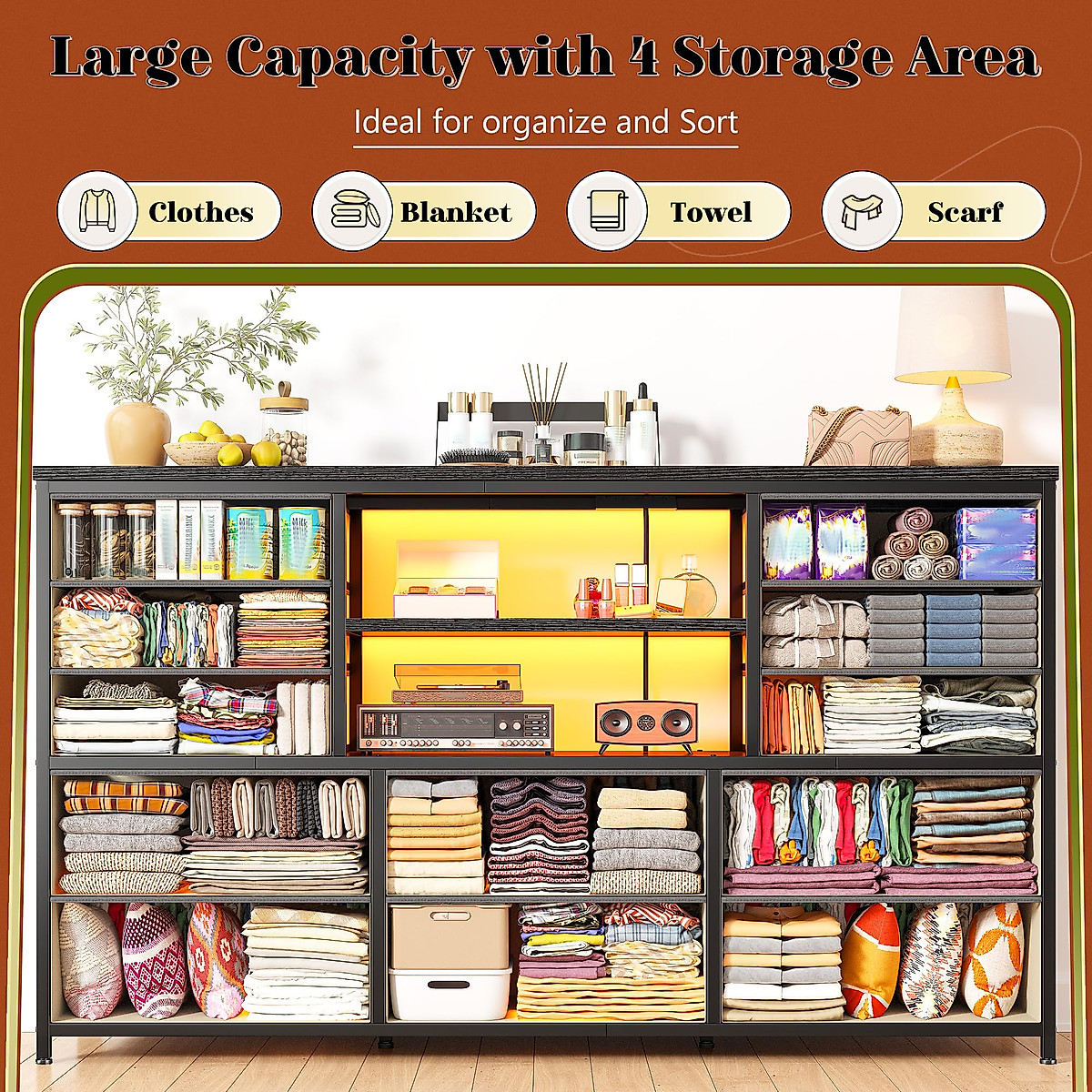 EnHomee Long Dresser for Bedroom with 12 Fabric Drawers,Bedroom Dresser with LED Lights & Power Outlet, Wooden Top & Metal Frame,for Living Room, Closet, Grey, 49.2''W*11.8''D*35.4''H