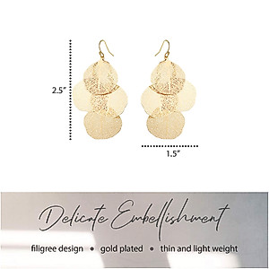 Bohemian Boho Filigree Leaf Chandelier Dangle Earrings for Women – Handcrafted Delicate – 14K Gold Plated – Lightweight (Gold - 3 Layered Circle Leaf Chandelier)