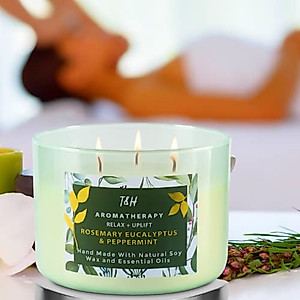 Rosemary Eucalyptus & Peppermint Scented Candle with Lavender & Thyme, Refreshing Stress Relief Aromatherapy Candle 3-Wick 15.8 oz, Strong Eucalyptus Mint Candles for Home Scented, Natural Soy Candles