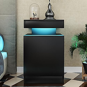 oneinmil Nightstand Set of 2 with LED Lights,Night Stand with Storage Cabinet for Bedroom,Bedside Table with LED, Black