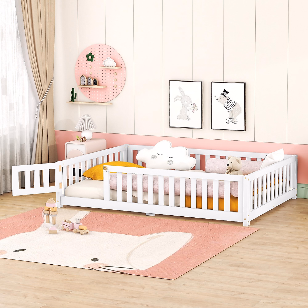 Full Size Floor Bed for Kids, Wood Montessori Bed with Slats, Safety Fence & Door, Playhouse Floor Bed Frame with Rails for Girls Boys Children Teens, White