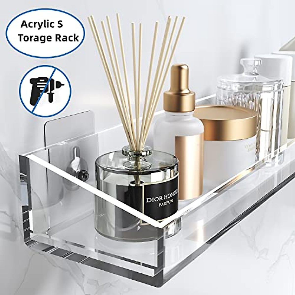 INCHAN Acrylic Bathroom Shelf, Sticky Shower Organizer, Storage Shelf Extra Thick Acrylic Shower Shelf, Acrylic Shelf Clear Display Shelf, 15.7 Inch Drill Free All Mount, 2 Pack