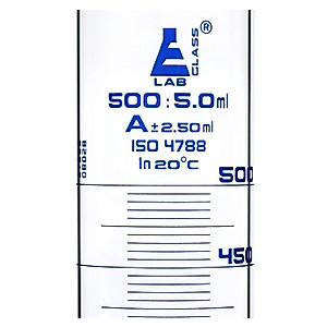 EISCO Graduated Cylinder, 500ml - Class A Tolerance ±2.50ml - Hexagonal Base - Blue Graduations - Borosilicate 3.3 Glass
