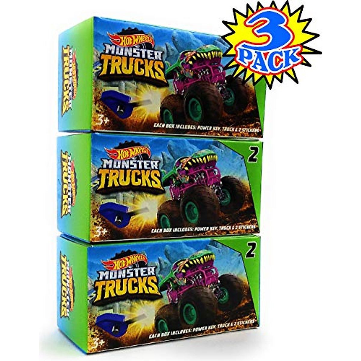 Hot Wheels Monster Trucks Mini Mystery Trucks with Key Launcher (Assorted Series) Blind Box Gift Set Party Bundle - 3 Pack