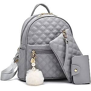 Mini Backpack for Women 3-PCS Fashion PU Leather Simple Design Cute Travel Daypacks Pompom Backpack Shoulder Bag (Grey)