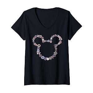 Womens Disney Mickey & Friends Mickey Floral Outline V-Neck Short Sleeve T-Shirt