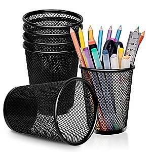 Pen Holder, Mesh Pencil Pen Holder Cup, for Desk Office Pen Organizer, Black Round Pencil Holder for School, Home, Office and other Office Desk Organizers (6 Pack)