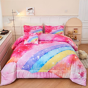 ANGIYUIN Rainbow Twin Size Comforter Set for Girls 6 Pieces Sparkle Tie Dye Pink Girls Bedding Comforter Sets Galaxy Kids Bed Comforter Sets Gradient Glitter Soft Bed in A Bag with Sheets
