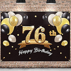 PAKBOOM Happy 76th Birthday Banner Backdrop - 76 Birthday Party Decorations Supplies for Men - Black Gold 4 x 6ft
