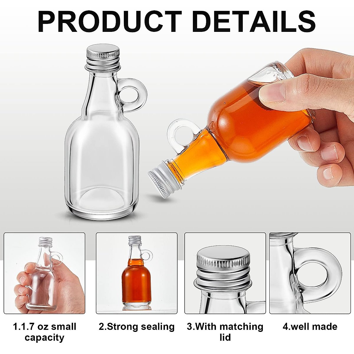 Suclain 32 Pcs 1.7oz Glass Syrup Bottles with Aluminum Lids and Loop Handle Clear Glass Bottles Reusable Maple Syrup Jars Syrup Container Stout Sample Bottles for Potion Juice Milk Storage Sauce Oil