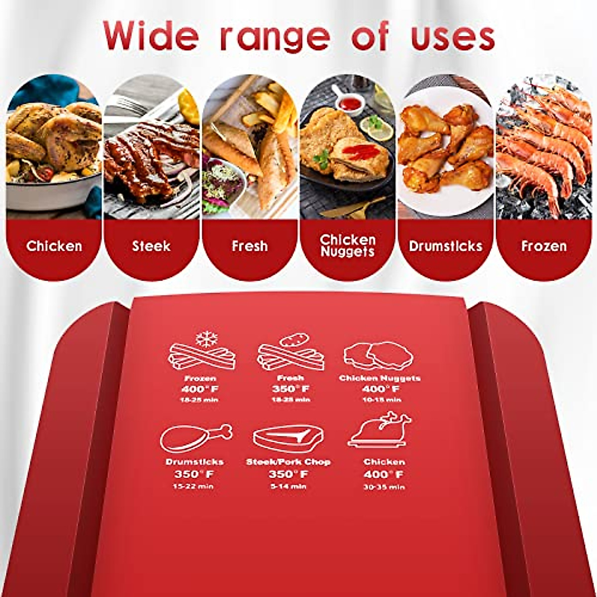 nutrifryer Air Fryer, 4Quart Air Fryer with Grill and Recipe Instructions, Small and Compact Design, 50Pcs Custom Parchment Paper Liners, Non-Stick Basket, 1400W, Red