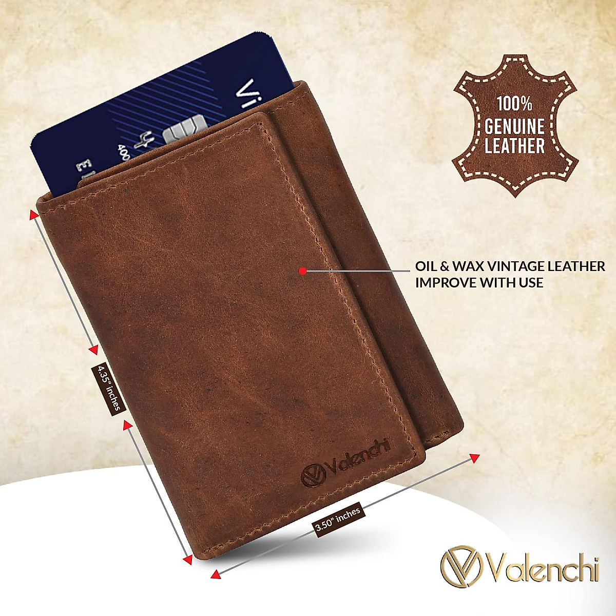 Leather Trifold Wallet For Men - RFID Blocking - 7 Card Slots, 2 Note Compartments & 1 ID Window - Minimalist Design, Slim Wallet - Premium, Fashionable Gifts for Him - Father's day (Cognac Vintage)