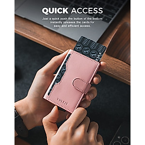 VULKIT Pop up Wallet Credit Card Holder with Leather Slots RFID Blocking Slim Metal Card Case for Men or Women(Rose)