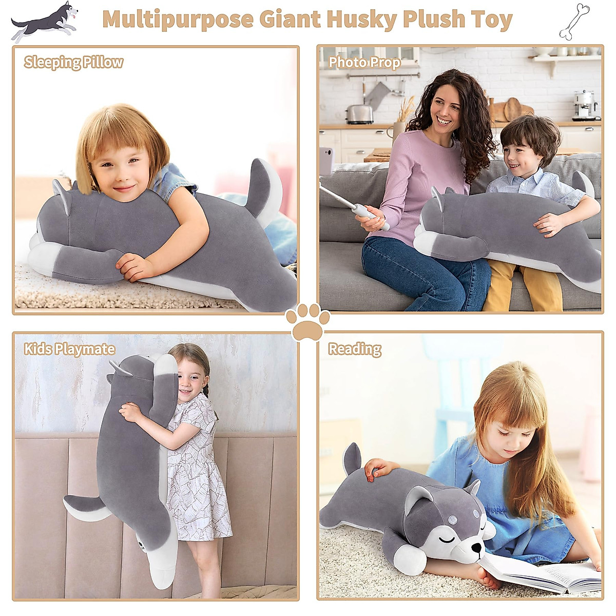 Auspicious beginning 30'' Husky Stuffed Animal Plush Pillow, Huskies Anime Body Pillow, Kawaii Stuff Animal Plush Toy, Big Plushie Stuffed Dog Giant Plush Throw Pillow Gifts for Boys Girls