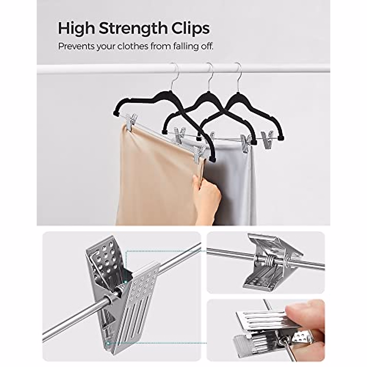 SONGMICS Set of 50 Coat Hangers and 30 Pants Hangers Bundle, Non-Slip Adjustable Metal Clips, Quality Plastic Hangers, Space-Saving, Durable, Pants, Light and Dark Gray, Black UCRP41G-50 and UCRF12B30