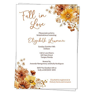 Fall Bridal Shower Invitations Wedding Invites Fall in Love Autumn Floral Flowers Orange Yellow Couples Shower Customized Personalized Custom Printed Cards (12 count)