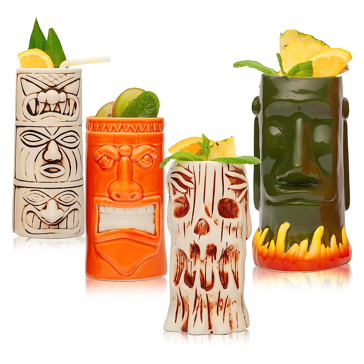 LEMONSODA Hard-Carved and Hand-Painted Tiki Mugs Assorted Cocktail Set of 8 - Ceramic Hawaiian Luau Party Mugs Drinkware, Cute Exotic Cocktail Glasses, Tiki Bar Hawaiian Party Barware - 18-23.5oz
