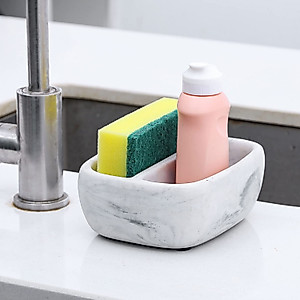 MyGift Modern White Resin Sponge Holder for Kitchen Sink, Countertop Sponge Dish with 2 Compartments and Marble Pattern
