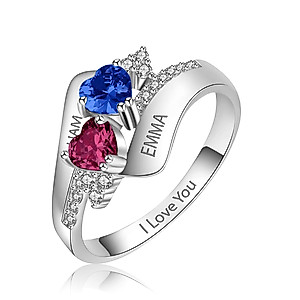 GLAMCARAT Sterling silver Personalized Promise Ring Women’s Stone Rings Heart Shaped Name Rings customized engraved name mothers ring with 2 birthstones