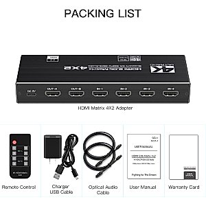 ZPTEK 4K HDMI Matrix Switch 4 X 2,4 in 2 Out Video Switcher Splitter, Optical and LR Audio Outputwith IR Remote Controller,Support 4K@60Hz 3D 18.5Gbps x 3 Data Rate, HDMI 2.0b, HDCP 2.2, MH42-C1