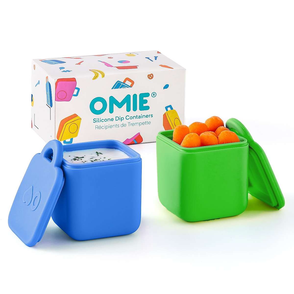 Omie OmieBox (2 pack) Leakproof Dips Containers To Go, Salad Dressing Container, Condiment Container with Lids - Food Safe Silicone - 4 ounces (Sea Blue/Green)