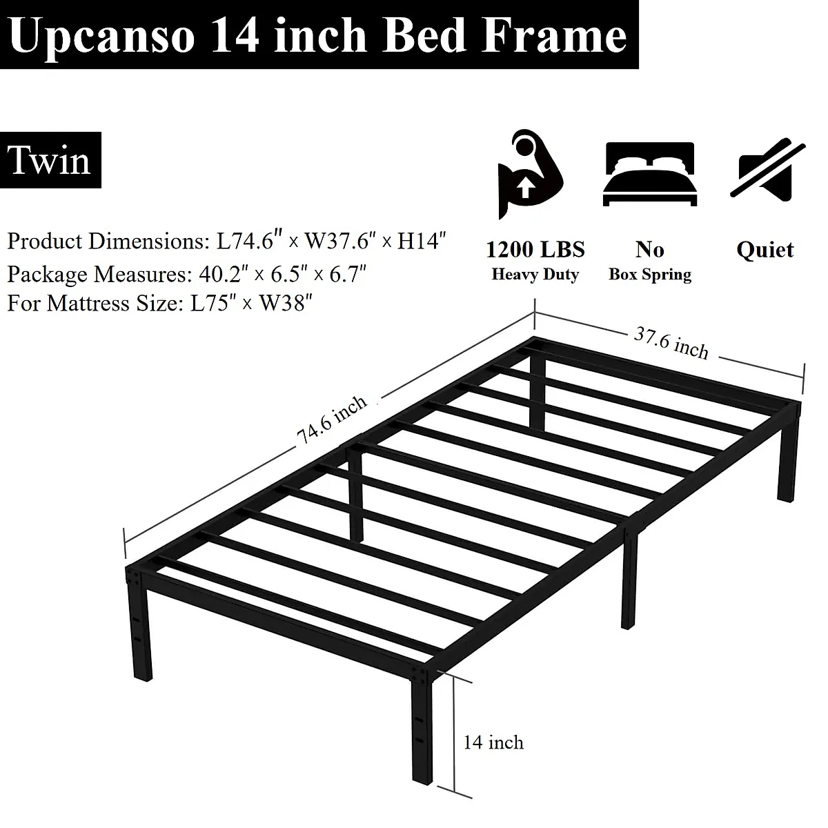 Upcanso Twin Bed Frame No Box Spring Needed, 14 Inch Heavy Duty Metal Platform Bed Frame Twin Size with Storage, 2500lbs Steel Slats Support, Easy Assembly, Black