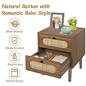 Modern Walnut Nightstand with 2 Drawers Rattan Side Table End Table with Storage Set of 2 Elegant Wood Square Bedside Tables for Bedroom Living Room Small Space(2-Pack)