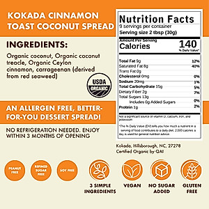 Kokada Coconut Spread, Cinnamon Toast (11oz Jar) - Peanut Free, School Safe Snack, Organic Ingredients, Vegan, Gluten Free Spread, Peanut Butter, Sunflower Seed & Cookie Butter Alternative