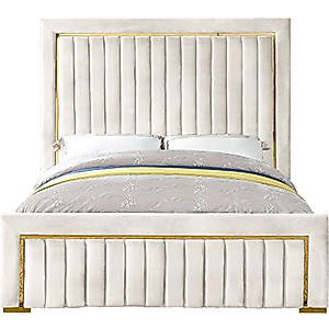 Meridian Furniture Dolce Collection Modern | Contemporary Velvet Upholstered Bed with Luxurious Channel Tufting and Gold Metal Trim/Legs, Queen, Cream