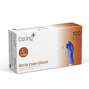 Caring Nitrile Exam Gloves (100ct), Powder Free and Not Made with Natural Rubber Latex, Gloves for Medical Use, Cleaning, Food Prep and More, Large