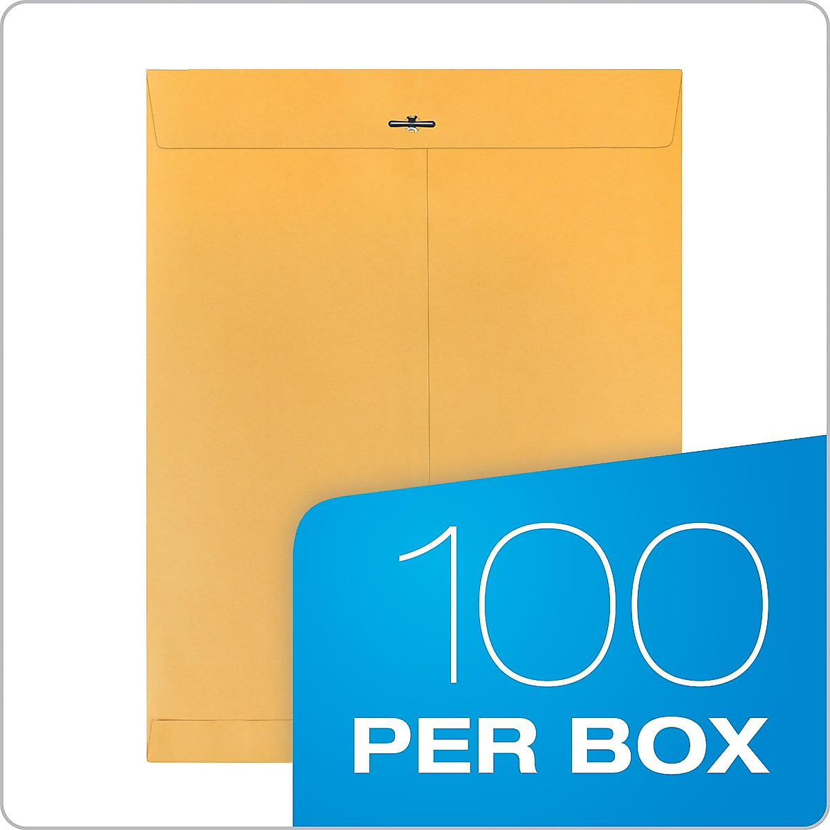 Quality Park 12 x 15-1/2 Clasp Envelopes, Clasp and Gummed Closures, for Oversized Papers, Drawings or Posters, 28 lb Kraft Paper, 100/Box (QUA37810)