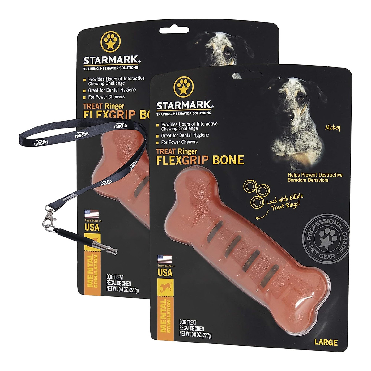 Starmark Dog Toy Treat Ringer Flexgrip Bone, 0.27Kg - Chew Toy For Dogs, Large Size For Bigger Breeds, Promotes Dental Health - Bundle With Ss Pet Training Whistle [Pack Of 2]