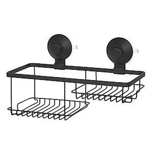 iDesign Everett Metal Push Lock Suction Shower Caddy, Extra Space for Shampoo, Conditioner, and Soap with Hooks for Razors, Towels, Loofahs, and More, 11.1" x 4.9" x 6.54", Matte Black