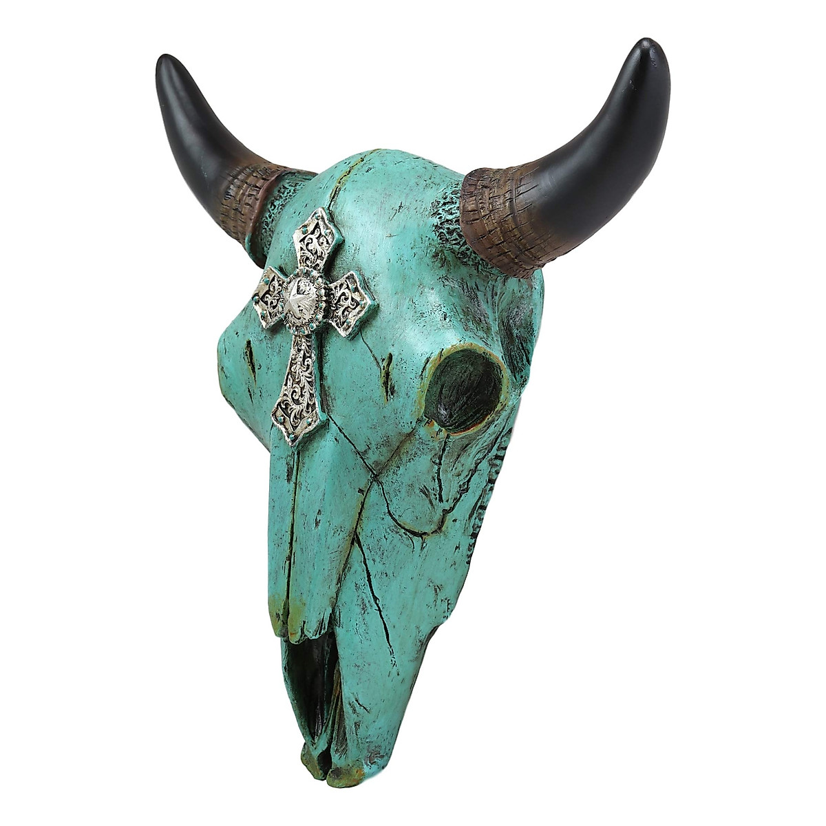 Ebros 10.5" Wide Western Southwest Steer Bison Buffalo Bull Cow Horned Skull Head Turquoise Silver Cross With Floral Lace Design Wall Mount Decor Native Indian Sacred Animal Totem Bust Skulls