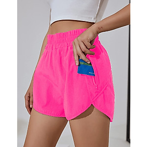 BMJL Women's Running Shorts Elastic High Waisted Shorts Pocket Sporty Workout Short Quick Dry Athletic Shorts Pants(M,Hot Pink)