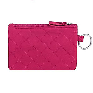 Iconic Zip ID Case Card Holder for Women,Signature Cotton Coin Purse with Id Window,RFID Blocking Change Pouch with Key Chain (Rose)