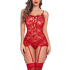 Avidlove Women Lingerie Set with Garters Belts Lace Up Bodysuit Mini Teddy Lingerie Red