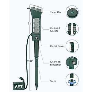 HBN Outdoor Smart Plug Waterproof WiFi Outdoor Outlet Timer with 6 Grounded Outlets, Remote & Voice Control Heavy Duty Yard Stake Plug Compatible with Alexa and Google Assistant No Hub Required