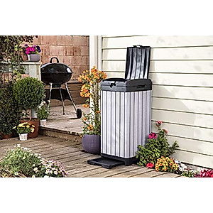 Keter Rockford Resin 38 Gallon Trash Can with Lid and Drip Tray for Easy Cleaning-Perfect for Patios, Kitchens, and Outdoor Entertaining, Grey
