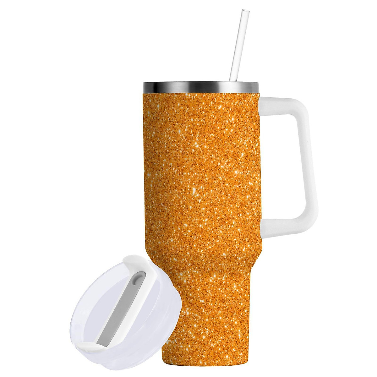 Orange Glitter 30 oz Tumbler with Handle and Straw Lid, Sparkle Insulated Coffee Cup Reusable Stainless Steel Water Bottle Travel Mug Cupholder Friendly,Gifts for Women Men