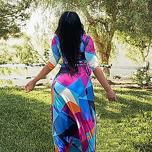 FANDEE Plus Size Maxi Dress for Women Summer Sundress V-Neck 3/4 Sleeve Multicoloured XX-Large