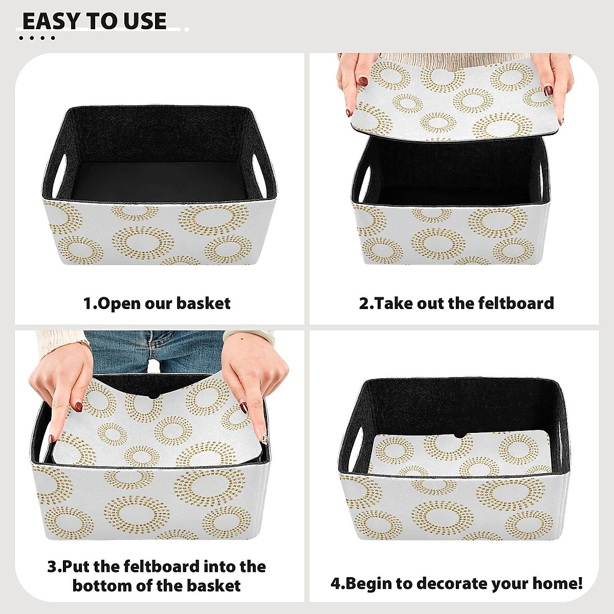 Emelivor Abstract Gold Circle Storage Basket Bins Set (2pcs) Felt Collapsible Storage Bins with Handles Foldable Shelf Drawers Organizers Bins for Organizer, Closet, Shelves, Office