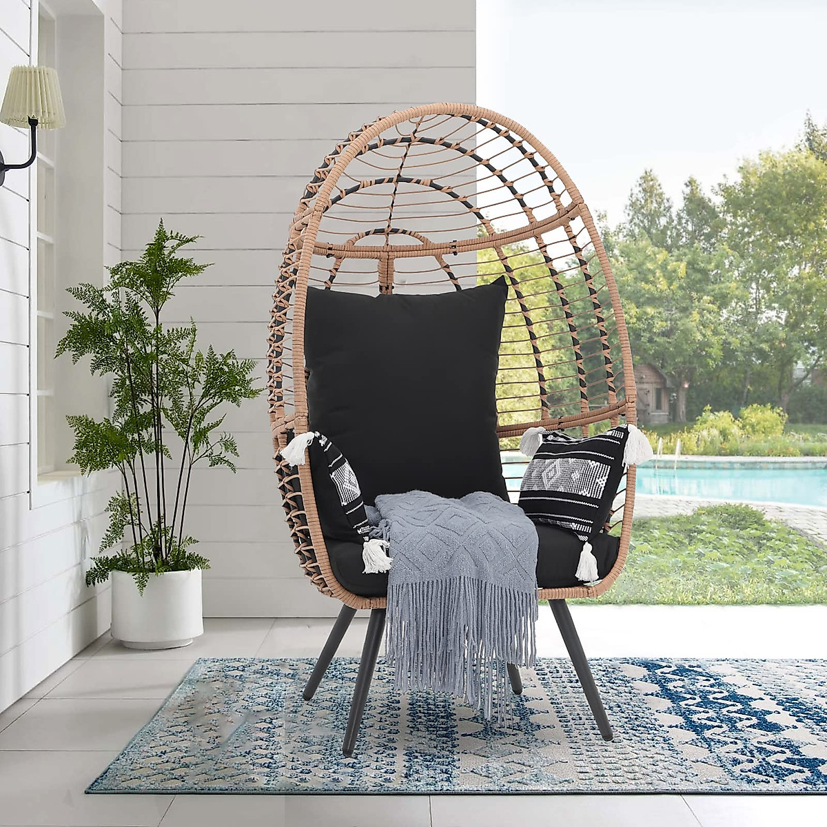 JOIVI Wicker Egg Chair, Oversized Indoor Outdoor Lounger Large Egg Basket Chair with Stand and Cushions for Patio Porch, Backyard, Living Room, Balcony (Beige Rattan, Black Cushion)