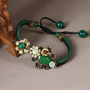 Xgimas Vintage Prosperity Flowers Jade Beaded Bracelet, Adjustable Rope Lucky Beads Wrap Charm Bracelet for Women Lovers Gift