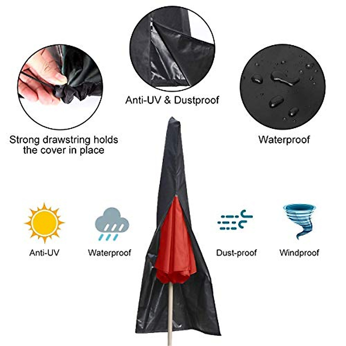 AISHN Waterproof UV-Resistant 600D Patio Umbrella Zipper Cover fit 6ft to 11ft Umbrellas Canopy Patio Garden Outdoor