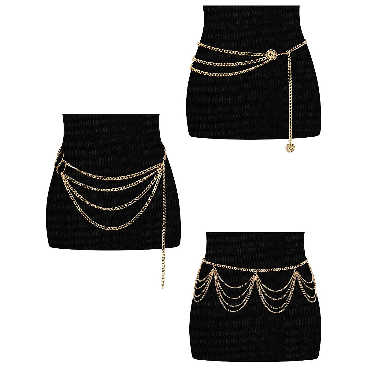 3 Pieces Belly Waist Chain Multi Layer Metal Waist Chain Body Summer Beach Chain for Women and Girls (Tassel Style)