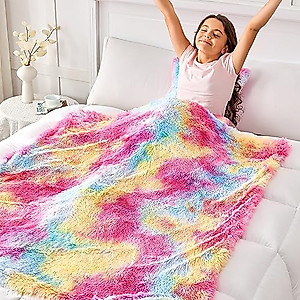 UOMNY Faux Fur Throw Blanket with Throw Pillow Cover Tie Dye Fluffy Blanket Set for Girls 50 x 60 Rainbow Plush Blankets for Couch Sofa Bed Teen Girl Gifts for Birthday Christmas Pink