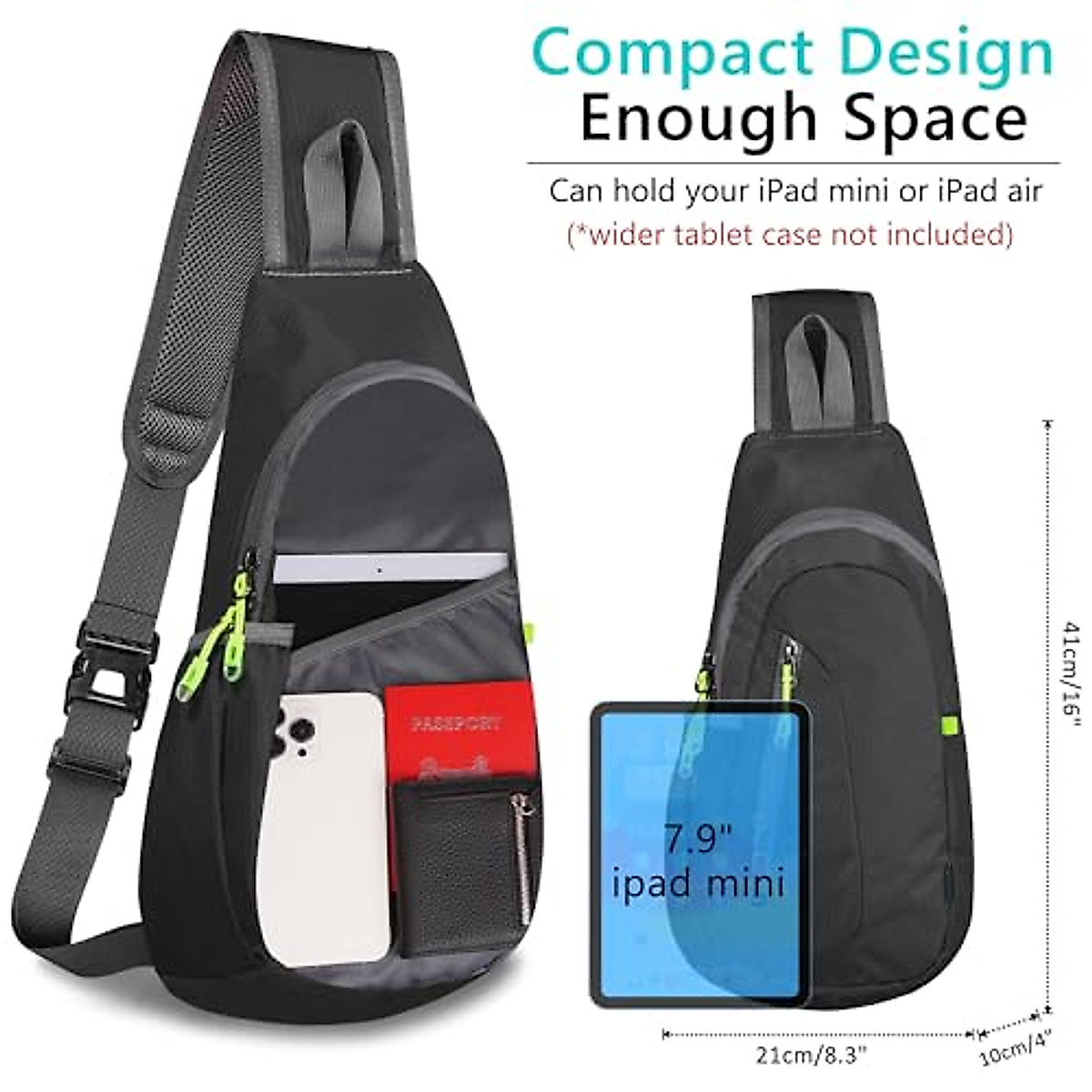 TITECOUGO Small Sling Bag Lightweight Crossbody Bag for Women Men Hiking Backpack Travel Shoulder Bag Chest Daypack for Gym Work Outdoor Sports Black