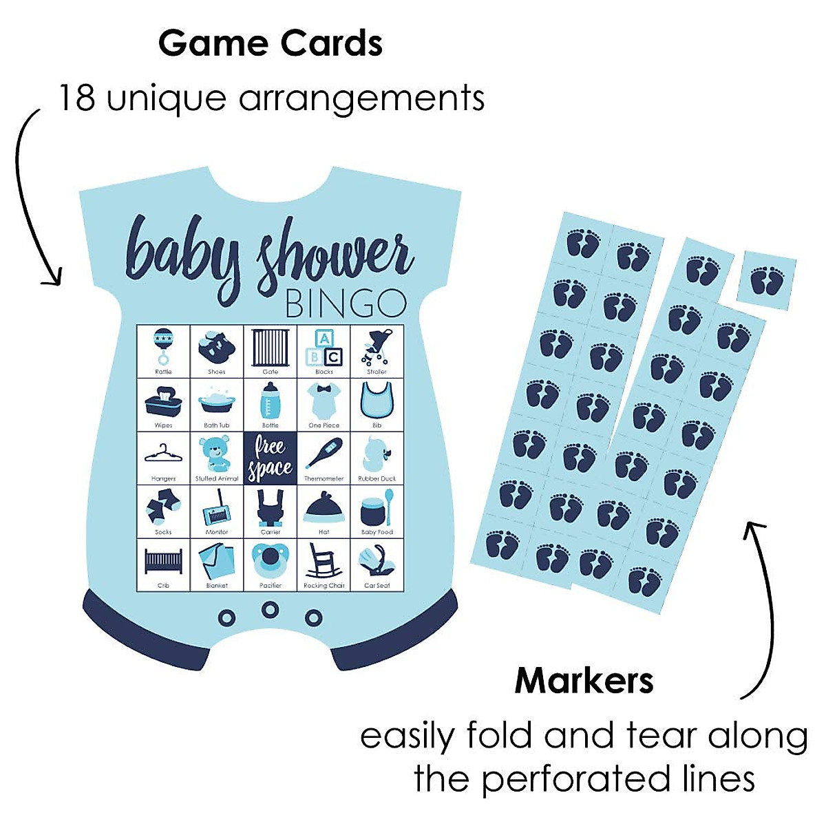 Big Dot of Happiness Baby Boy - Picture Bingo Cards and Markers - Blue Baby Shower Shaped Bingo Game - Set of 18